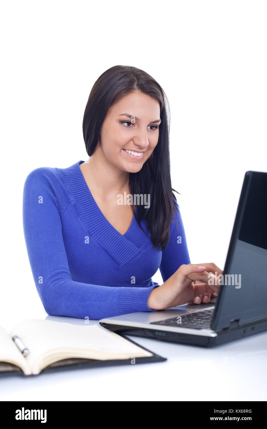 smiling girl working on laptop, isolated on white background Stock ...