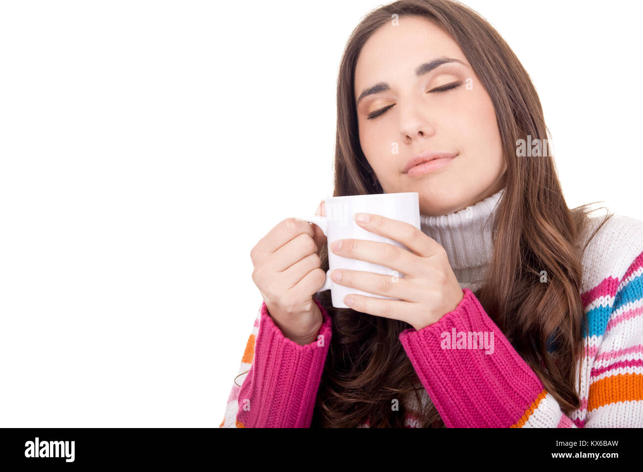 young woman smelling warm tea, isolated on white background Stock Photo ...