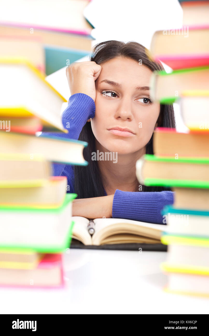 sad student girl with learning problems, isolated on white background ...