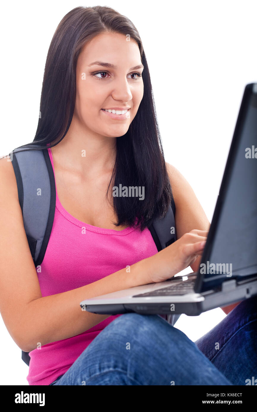 smiling student using laptop, isolated on white background Stock Photo ...