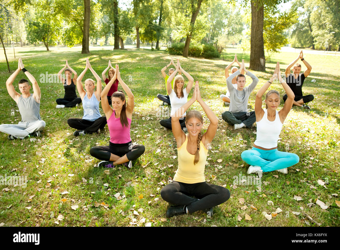 big group of adults attending a yoga class outside in park Stock Photo ...