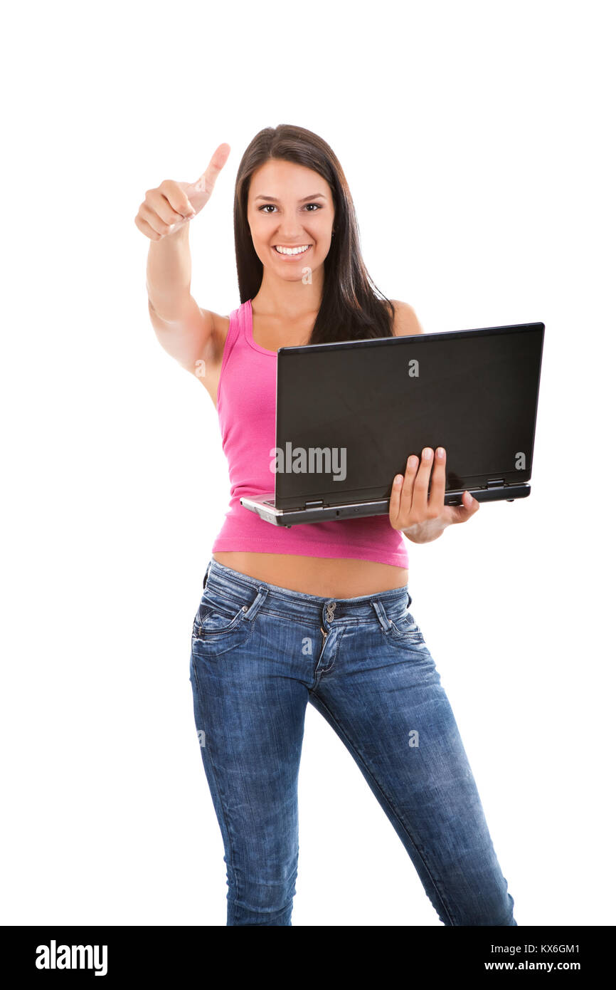 happy successful girl holding laptop, isolated on white Stock Photo - Alamy