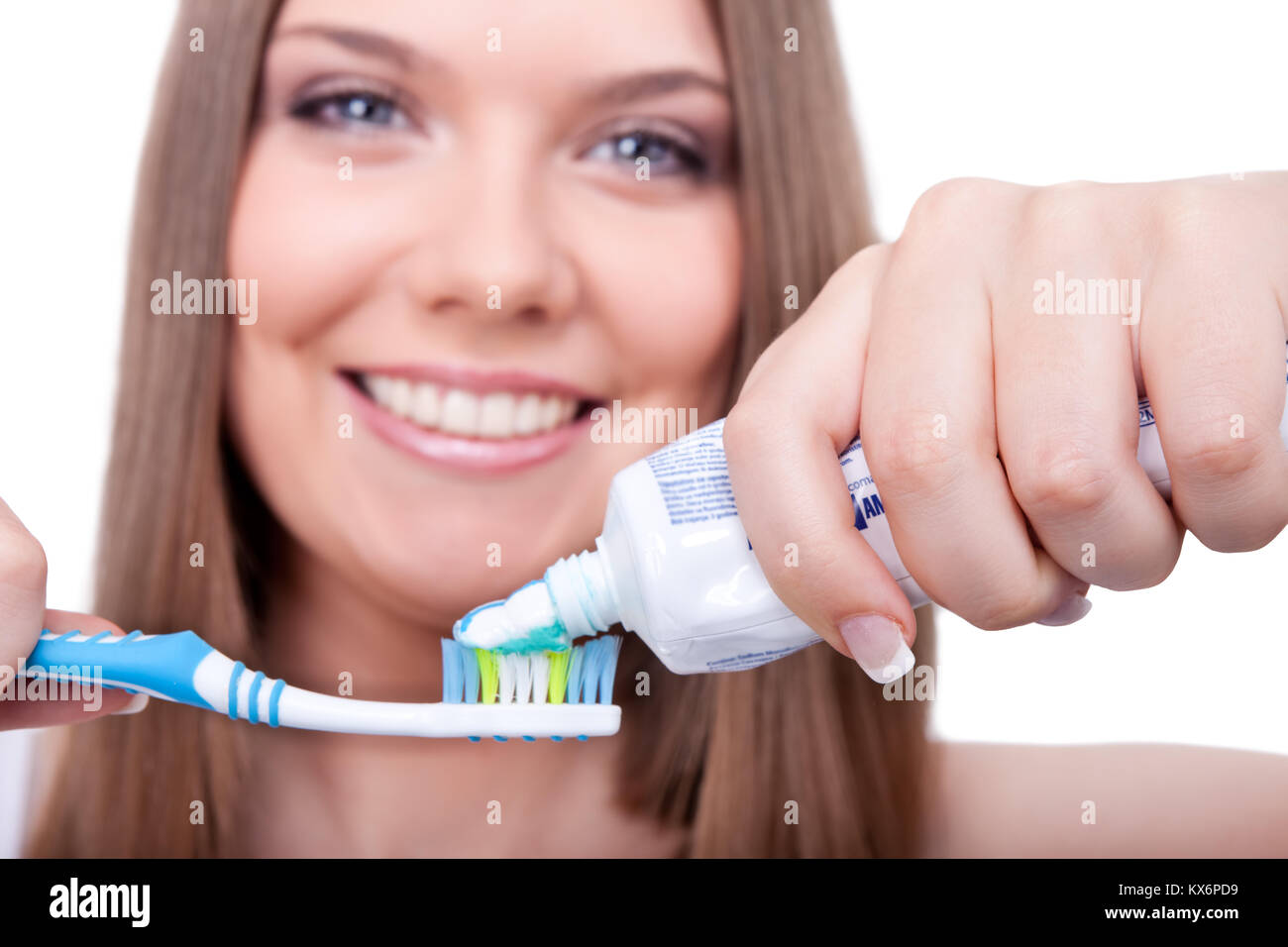 young woman with toothbrush and paste, dental hygiene, isolated on ...
