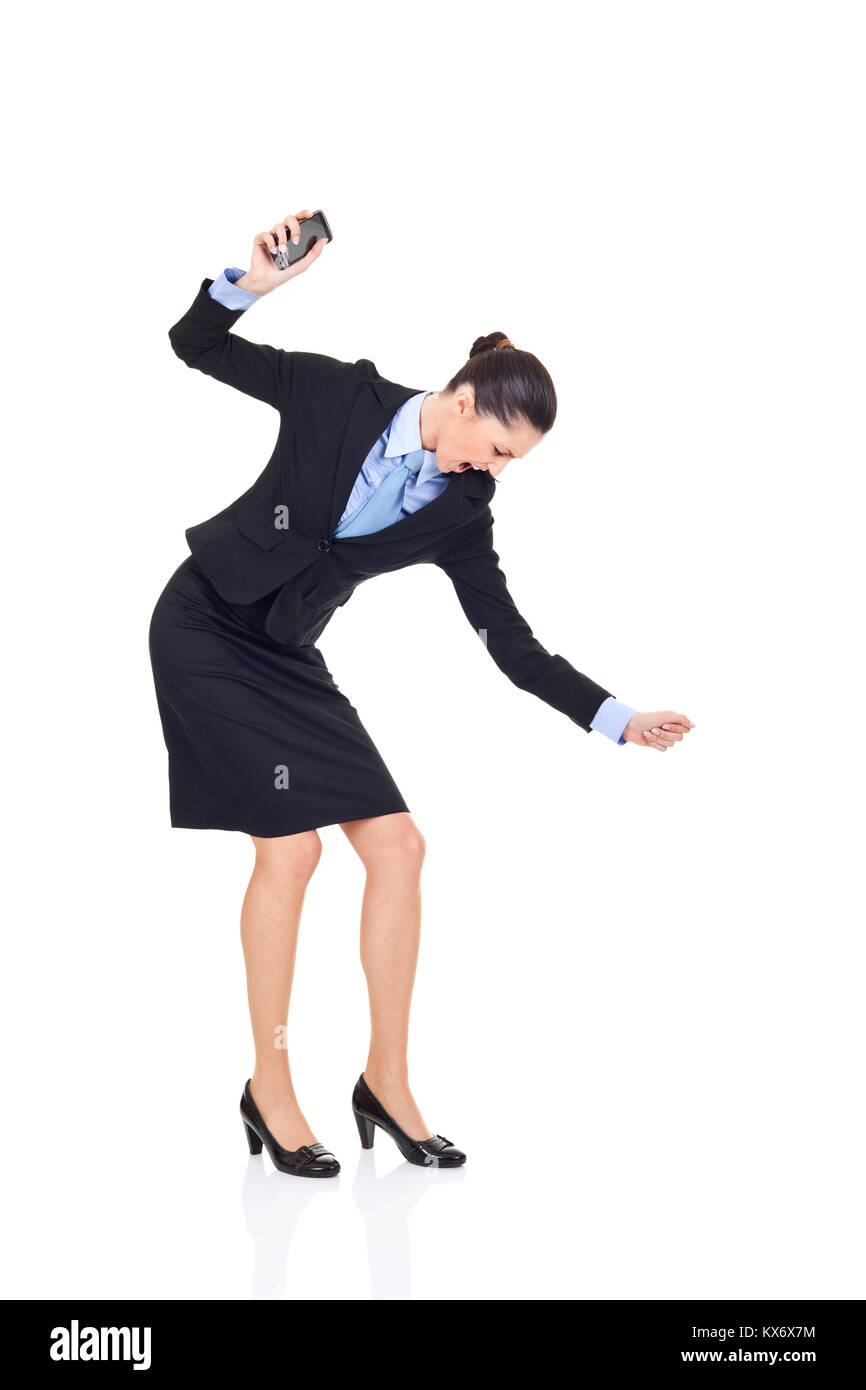 angry businesswoman smashing her phone, isolated on white background ...