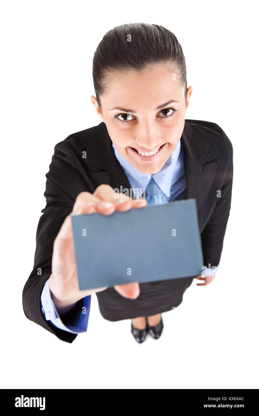 businesswoman shoving a blank business card over white Stock Photo - Alamy