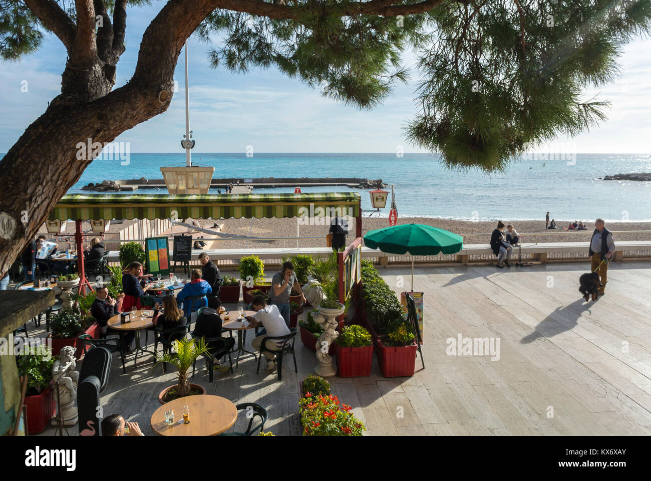 Monaco, Monte Carlo, Sidewalk Cafe above, Terrace near Sea, street café ...