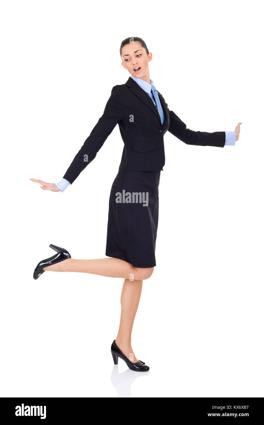 businesswoman celebrating success with dancing, isolated on white ...