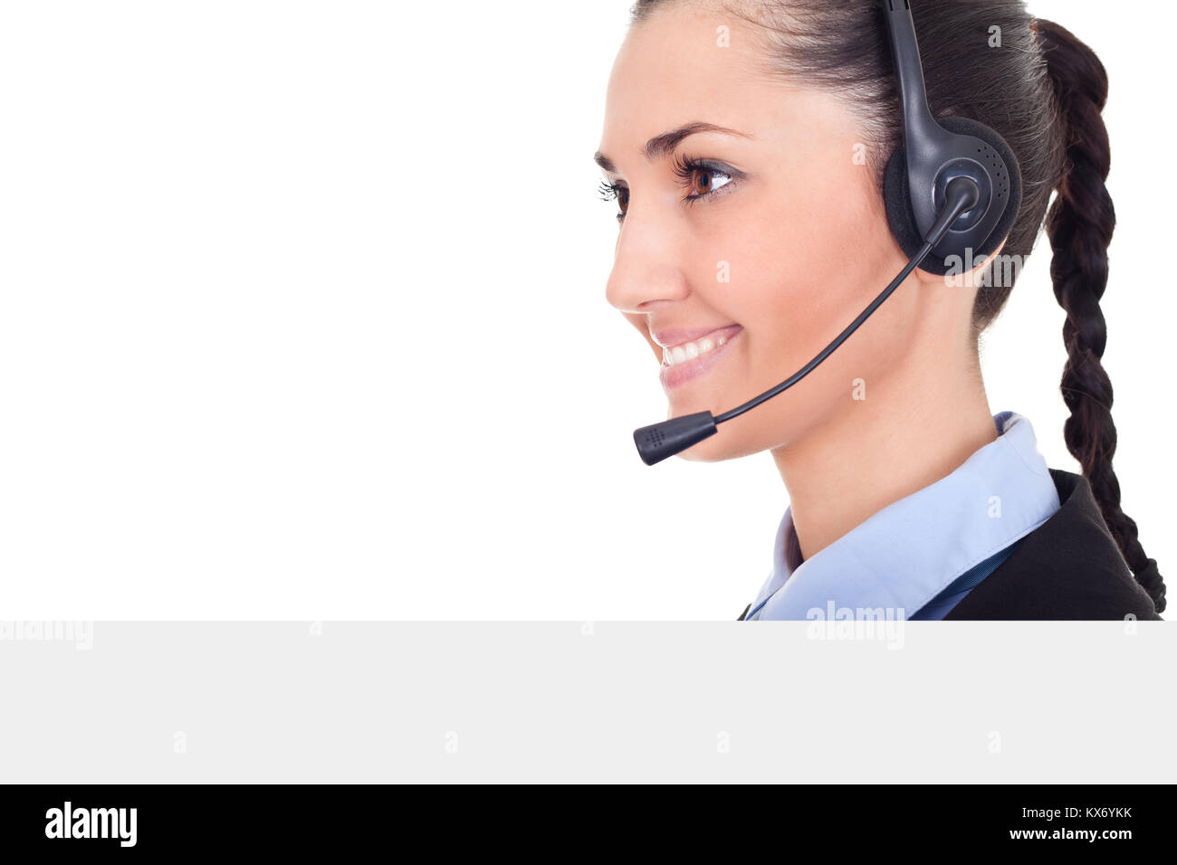 female customer service behind blank billboard with representative ...