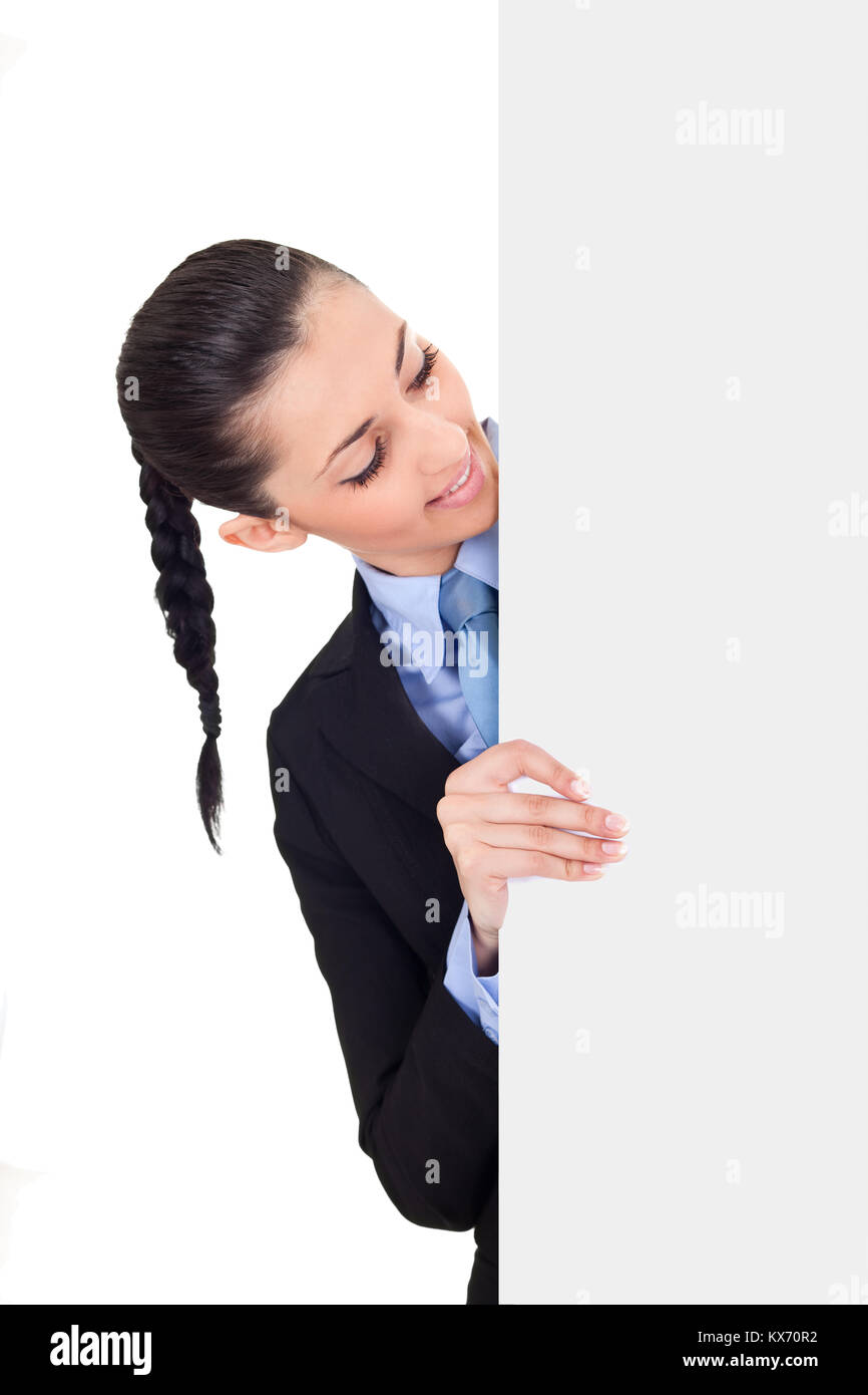 businesswoman behind the white board, female holding sign or board ...