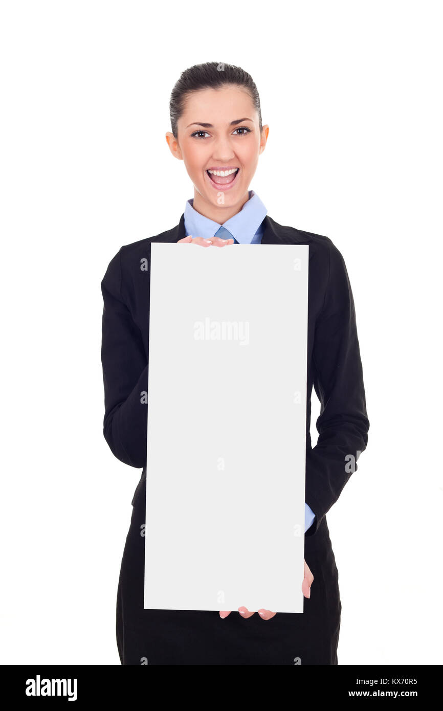 businesswoman holding sold sign, estate agents advertisement, smiling ...