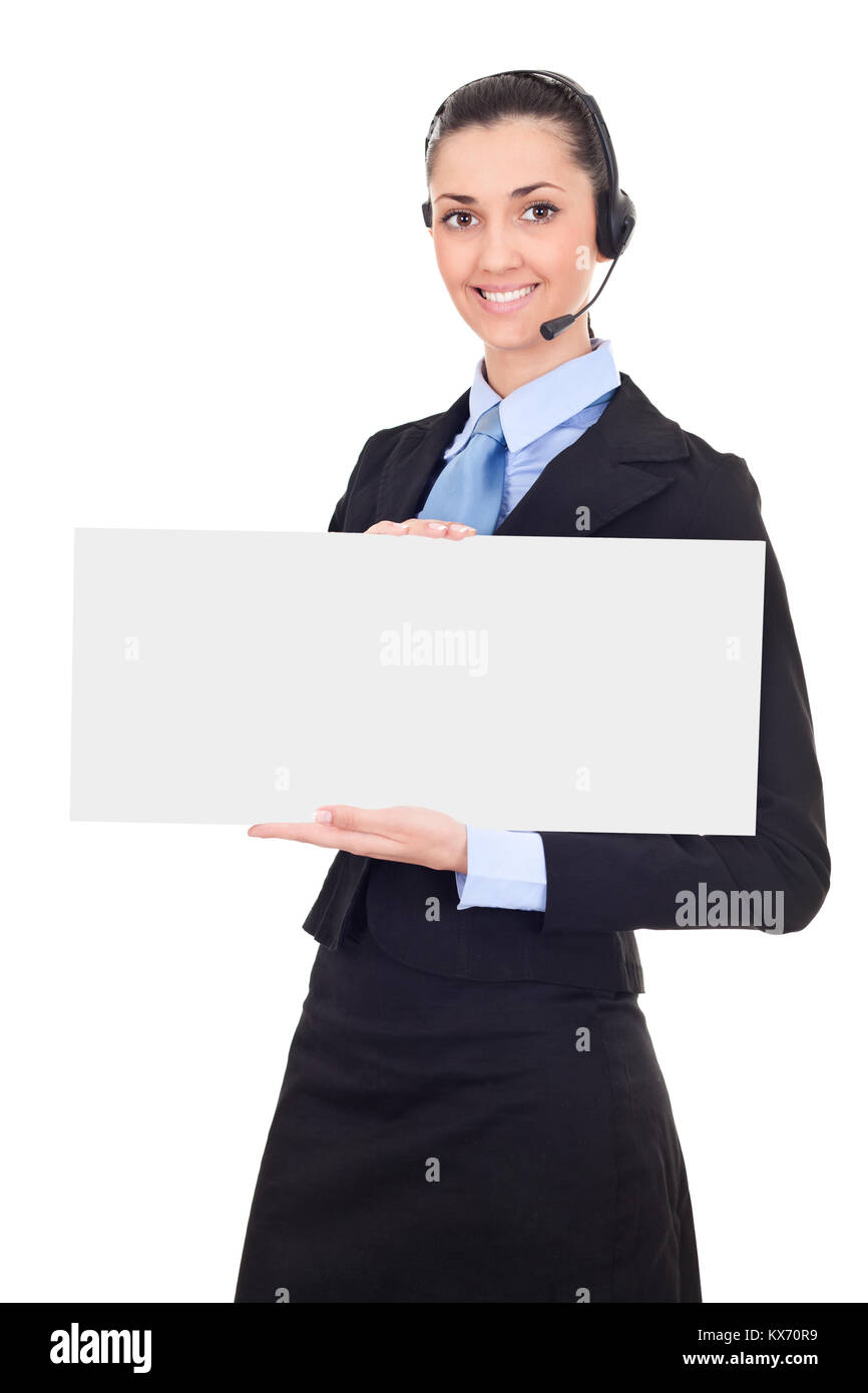 support phone operator in headset holding blank banner, isolated on ...