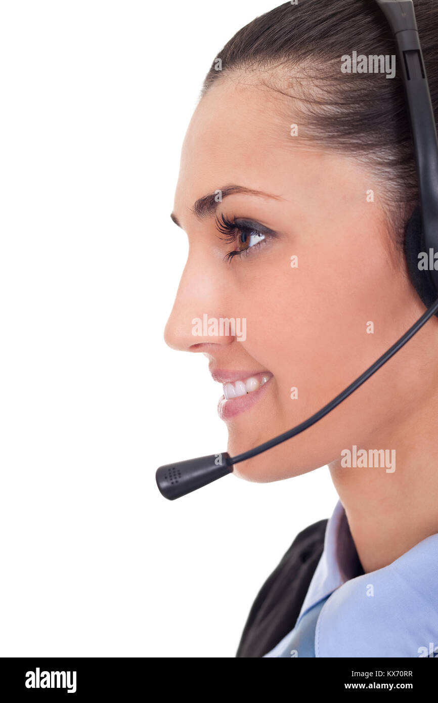 closeup portrait of a happy young lady with headset isolated on white ...