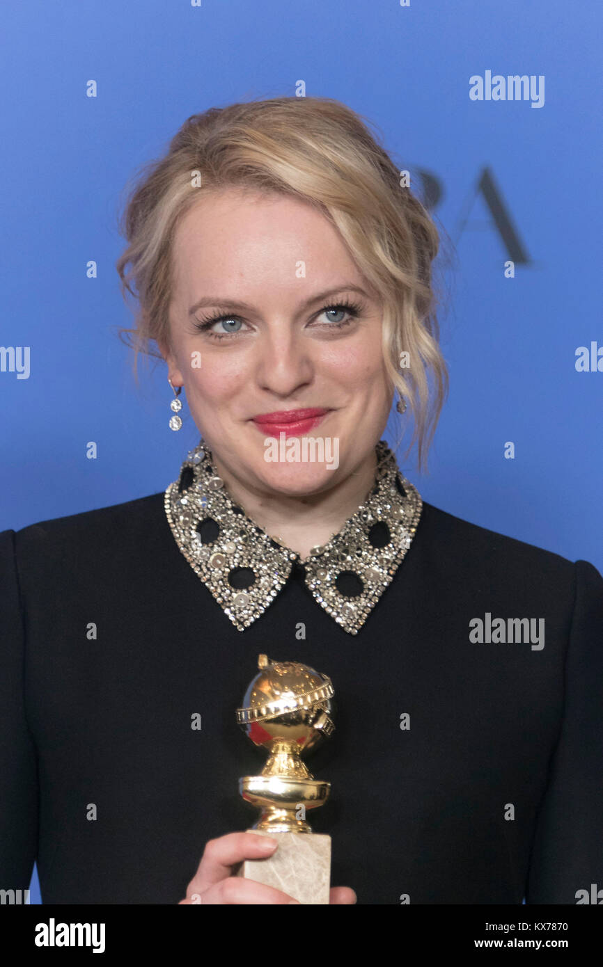 Los Angeles, USA. 7th Jan, 2018. Elisabeth Moss pose in the press room ...