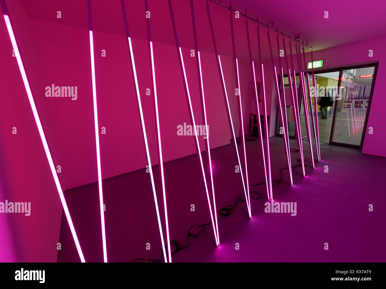 A light installation (Fachwerk, 2009) by artist Daniel Hausig shines ...