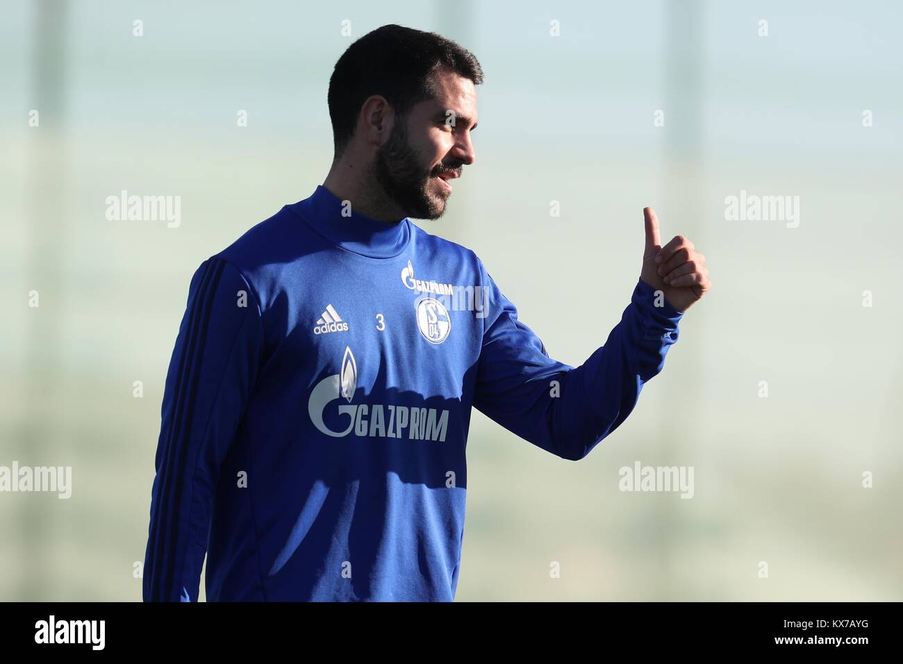 Schalke's Pablo Insua shows a thumbs up at the winter training camp of ...