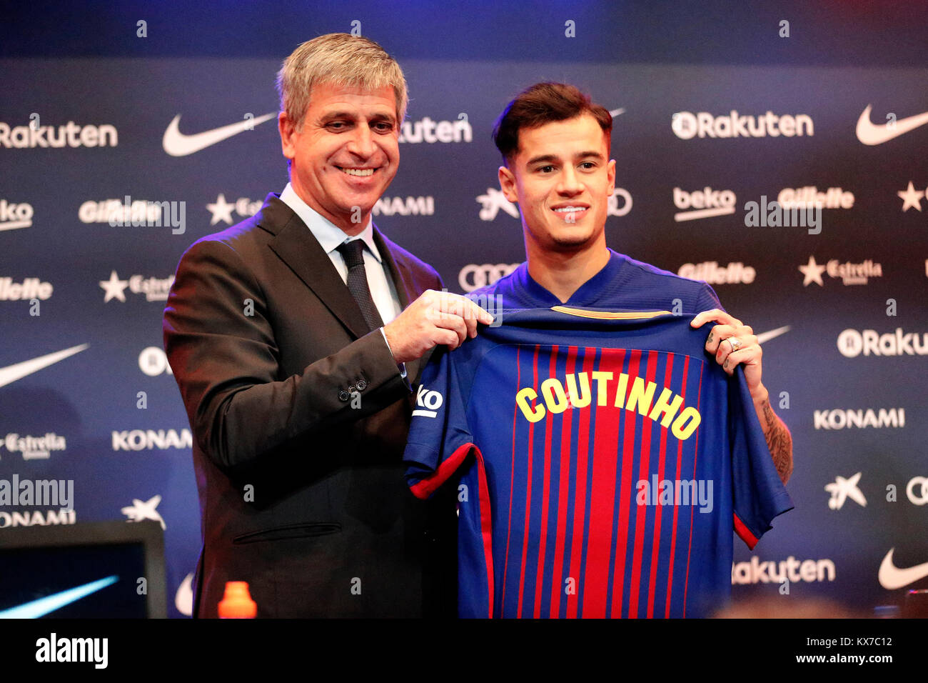 Barcelona, Espana. 08th Jan, 2018. Presentation of Philippe Coutinho as a new player of FC ...