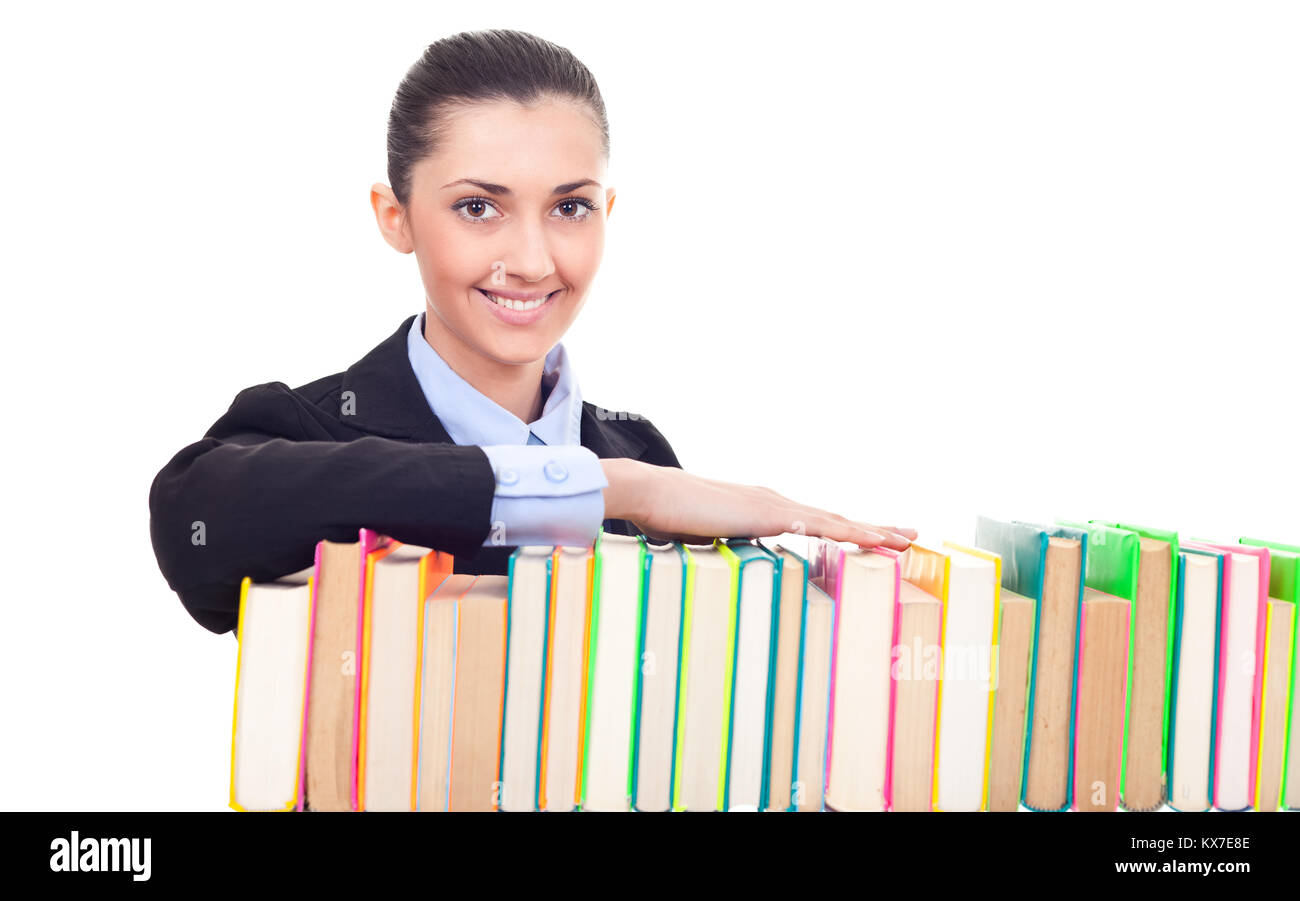 smart woman with lot of color books, student's life, isolated on white ...