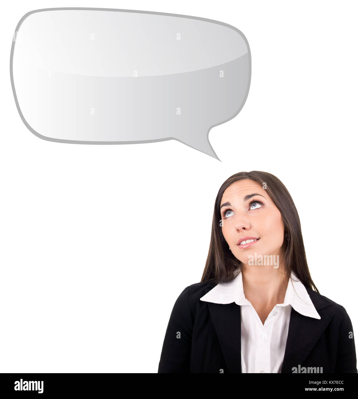 businesswoman thinking, blank thought bubbles overhead, isolated on ...