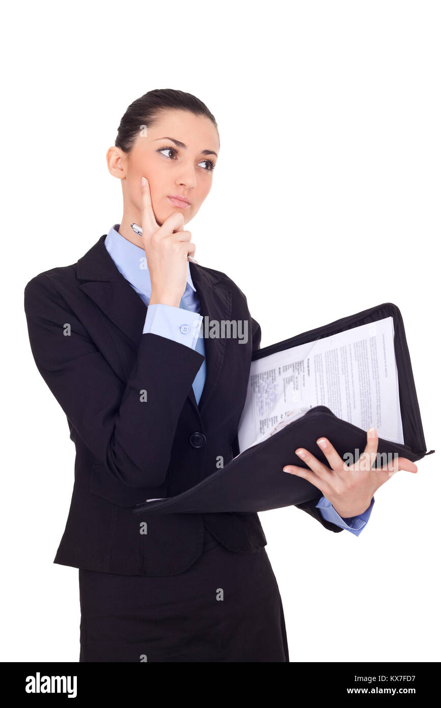 thoughtful business woman looking right, isolated over a white ...