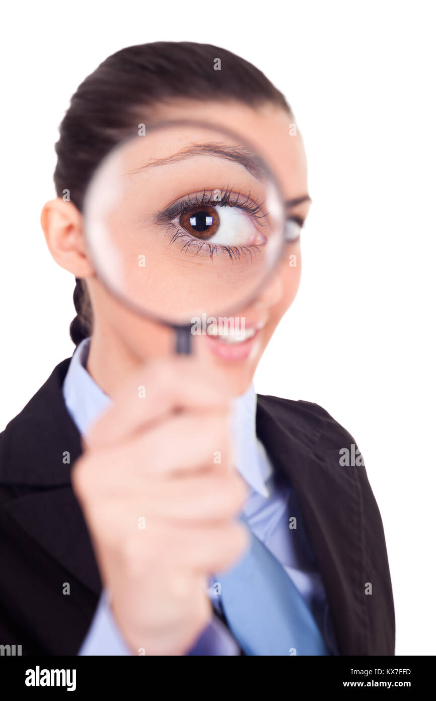 close-up, smiling businesswoman looking through magnifying glass Stock ...
