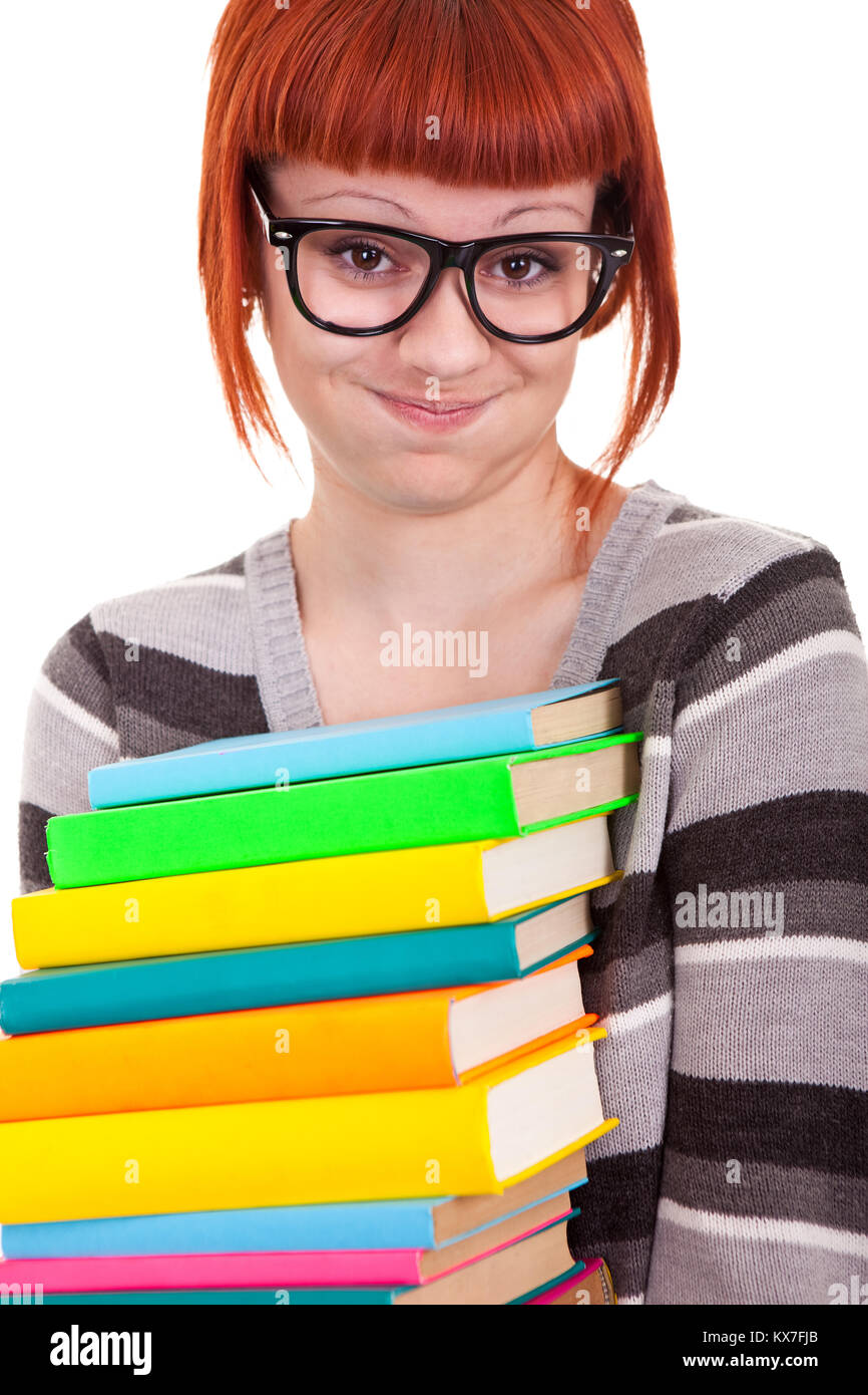 funny, teenager girl carrying color stack books, isolated on white ...