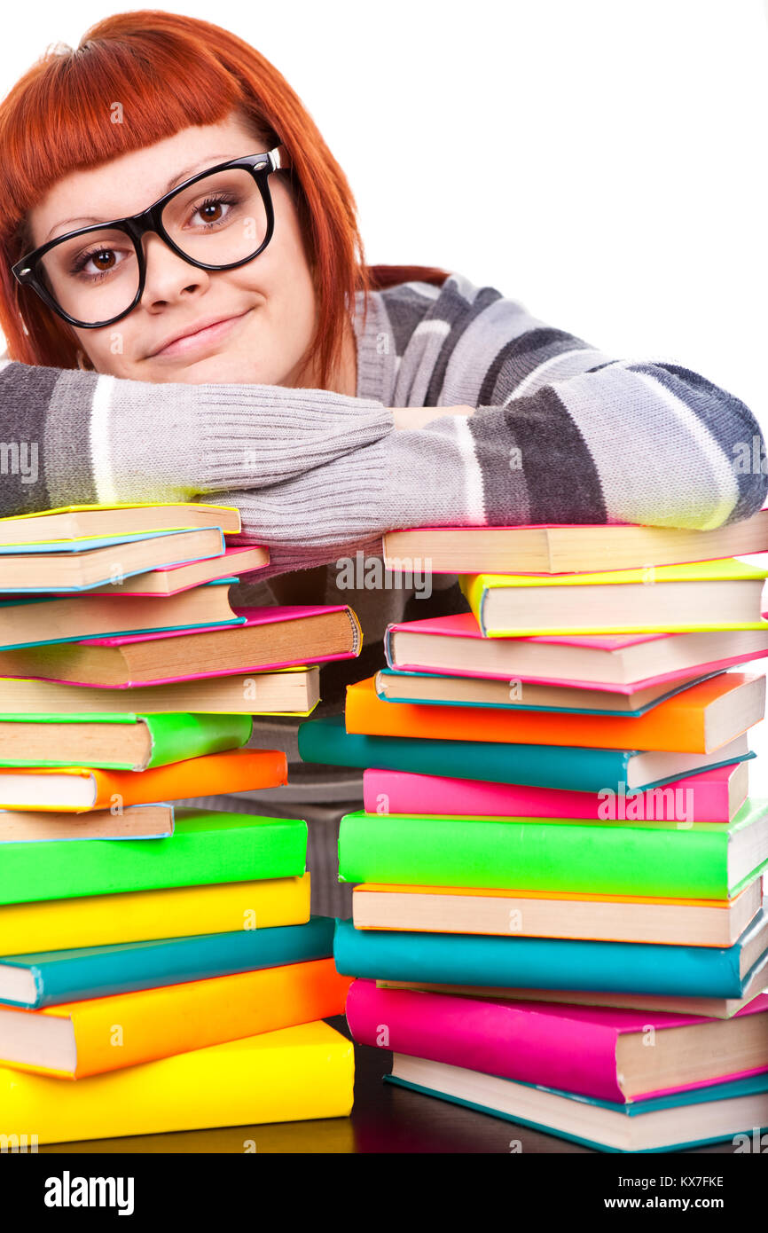 girl with pile color book, isolated Stock Photo - Alamy