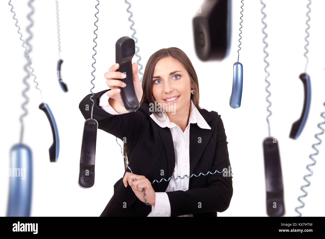 busy and clumsy secretary working with phone, isolated on background ...