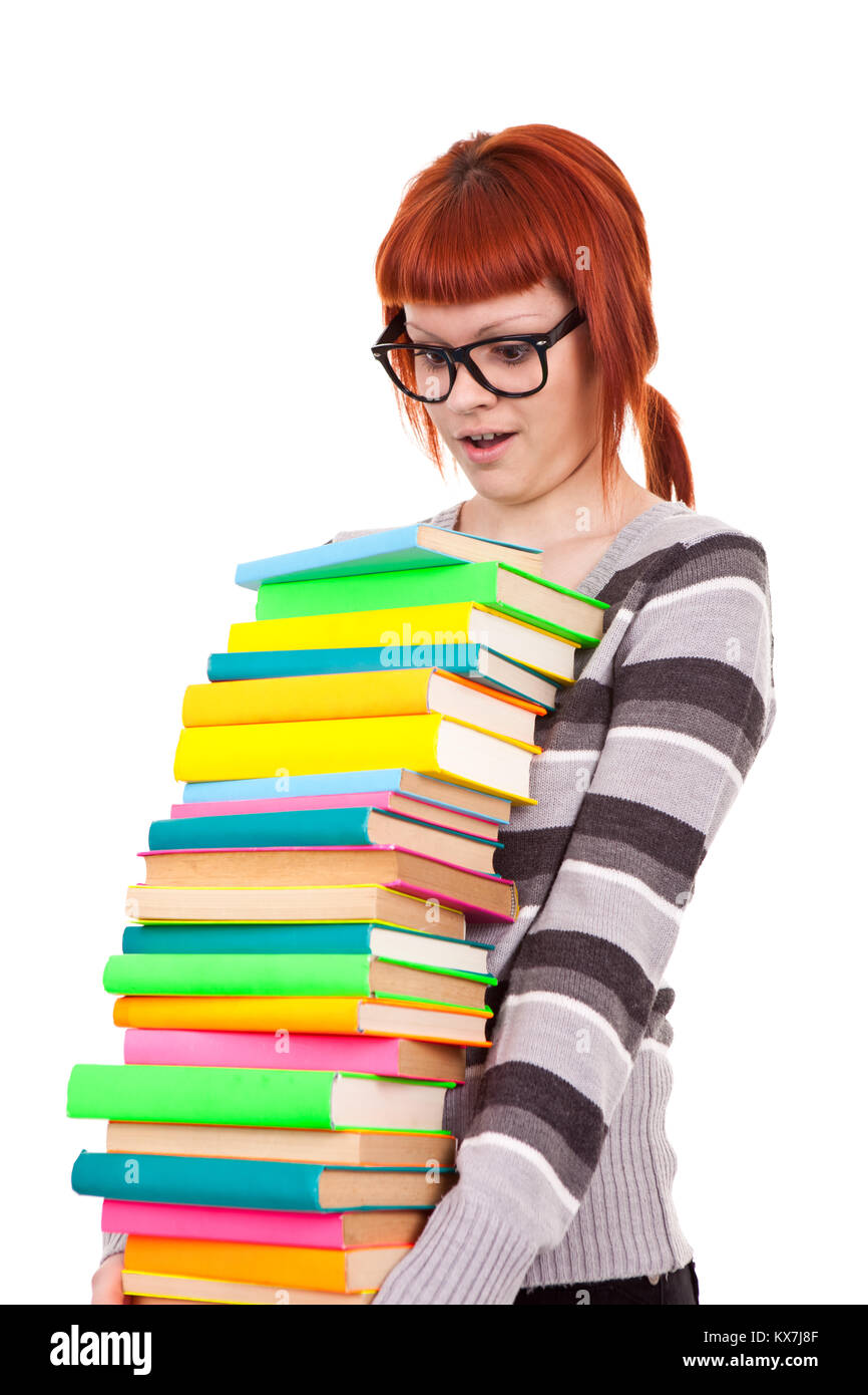funny, teenager girl carrying color stack books, isolated on white ...