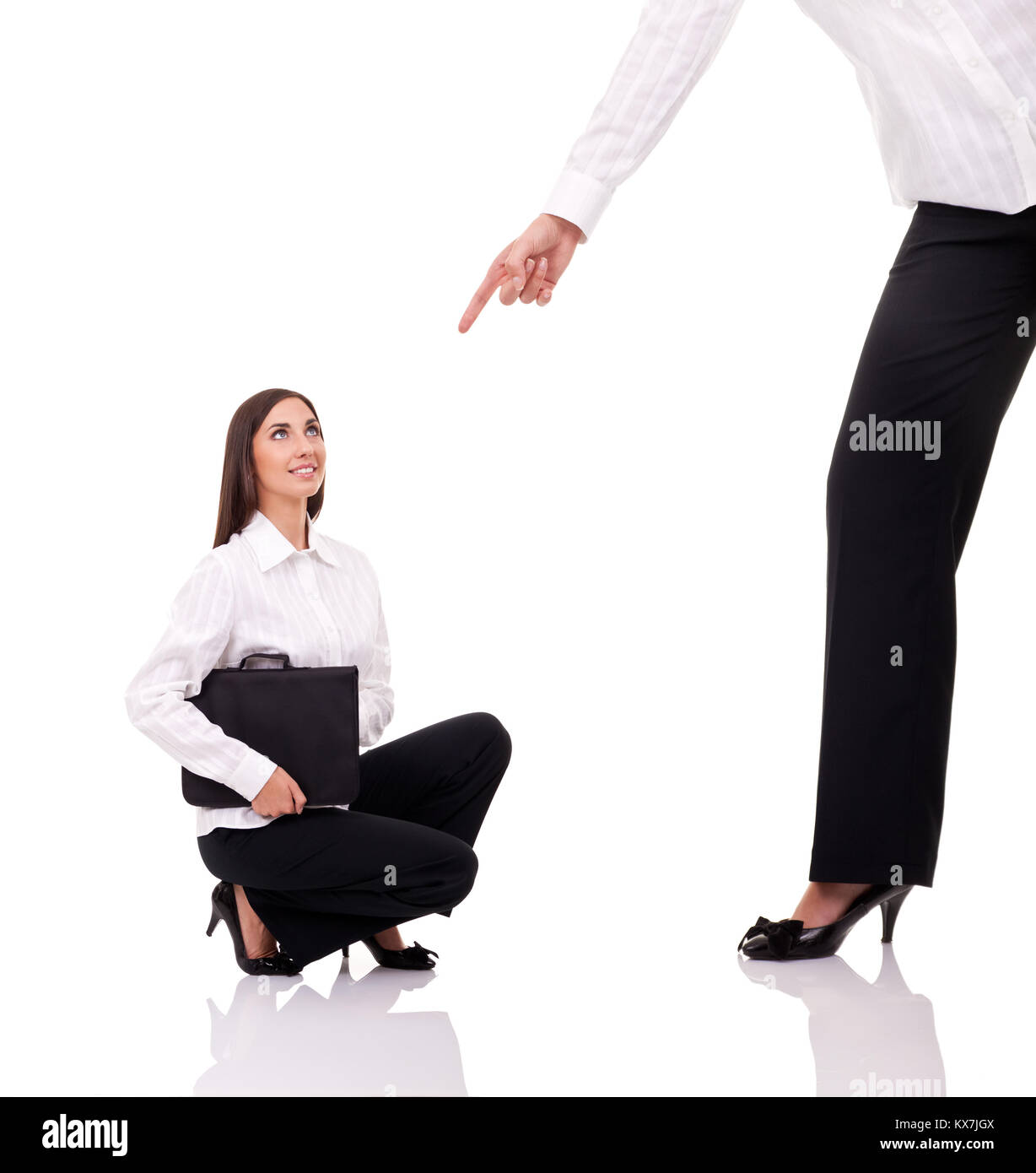 frightened woman and angry boss, business relation, isolated on white ...