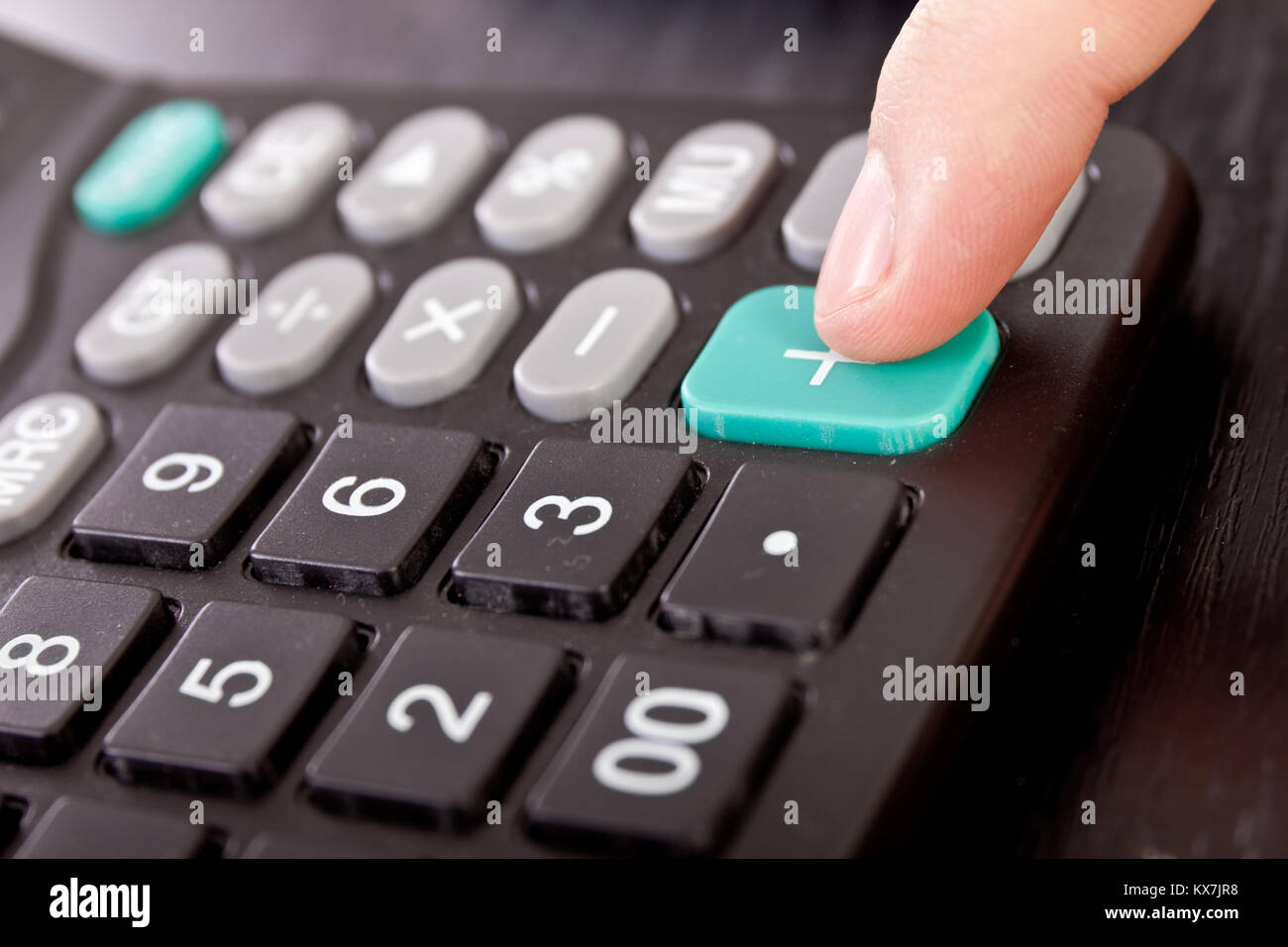calculator with finger on button, close up Stock Photo - Alamy