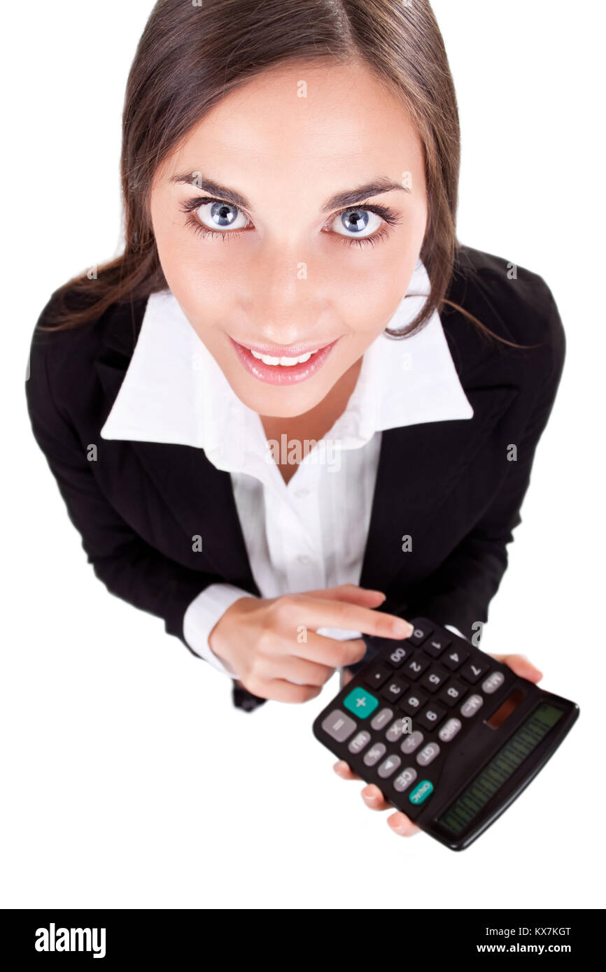 business woman with calculator, over white background Stock Photo - Alamy