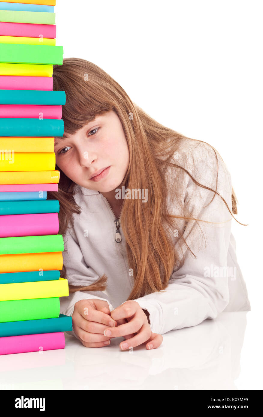 sad schoolgirl with learning difficulties, isolated on background Stock ...