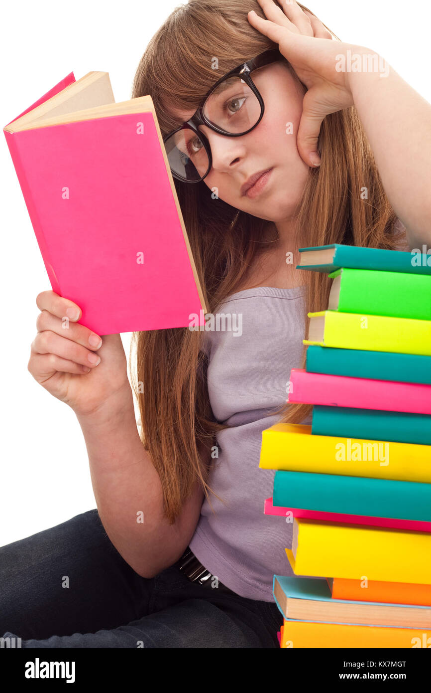 close up, concentrated reading girl, isolated on background Stock Photo ...