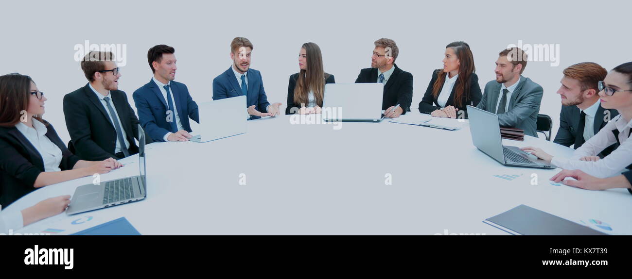 Business team, sitting at athe round table on white background Stock ...