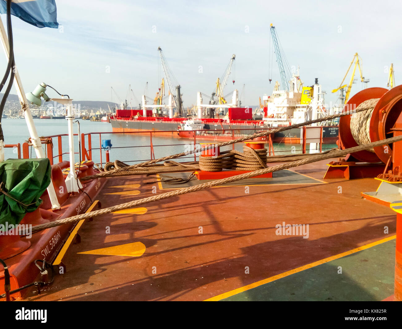 Mechanisms of tension control ropes. Winches. Equipment on the deck of ...