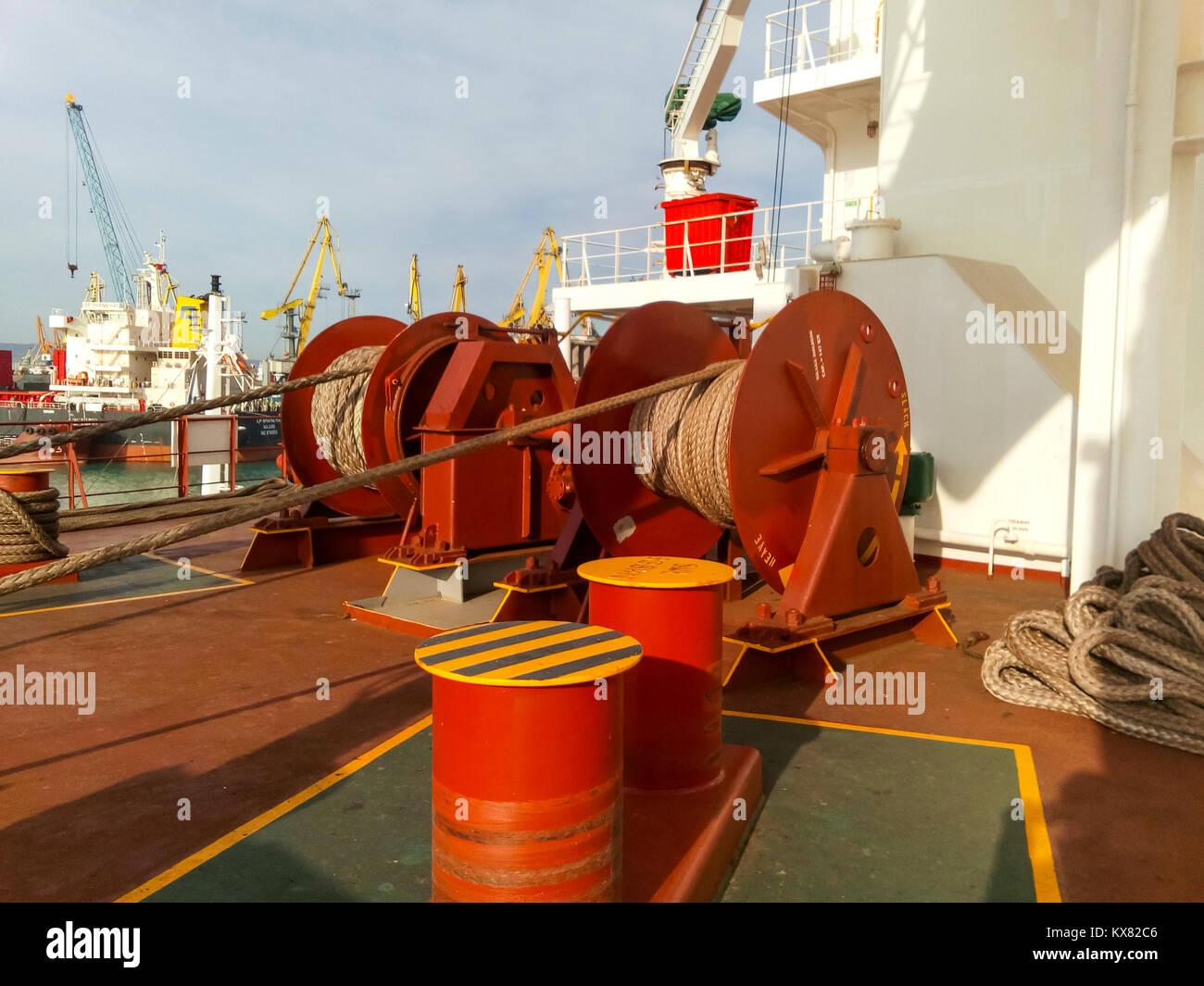 Mechanisms of tension control ropes. Winches. Equipment on the deck of ...