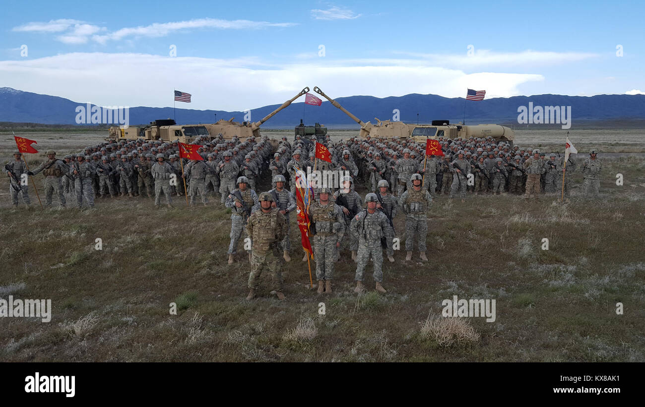 US Army National Guard parade in field with self propelled guns Stock ...