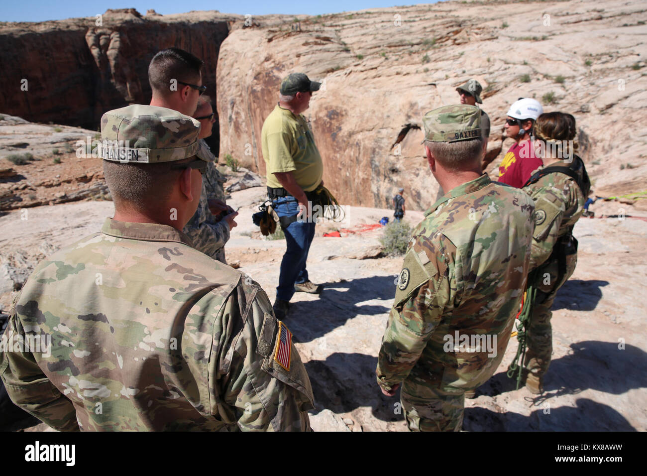 US Army National Guard rappel training in mountain canyon Stock Photo ...