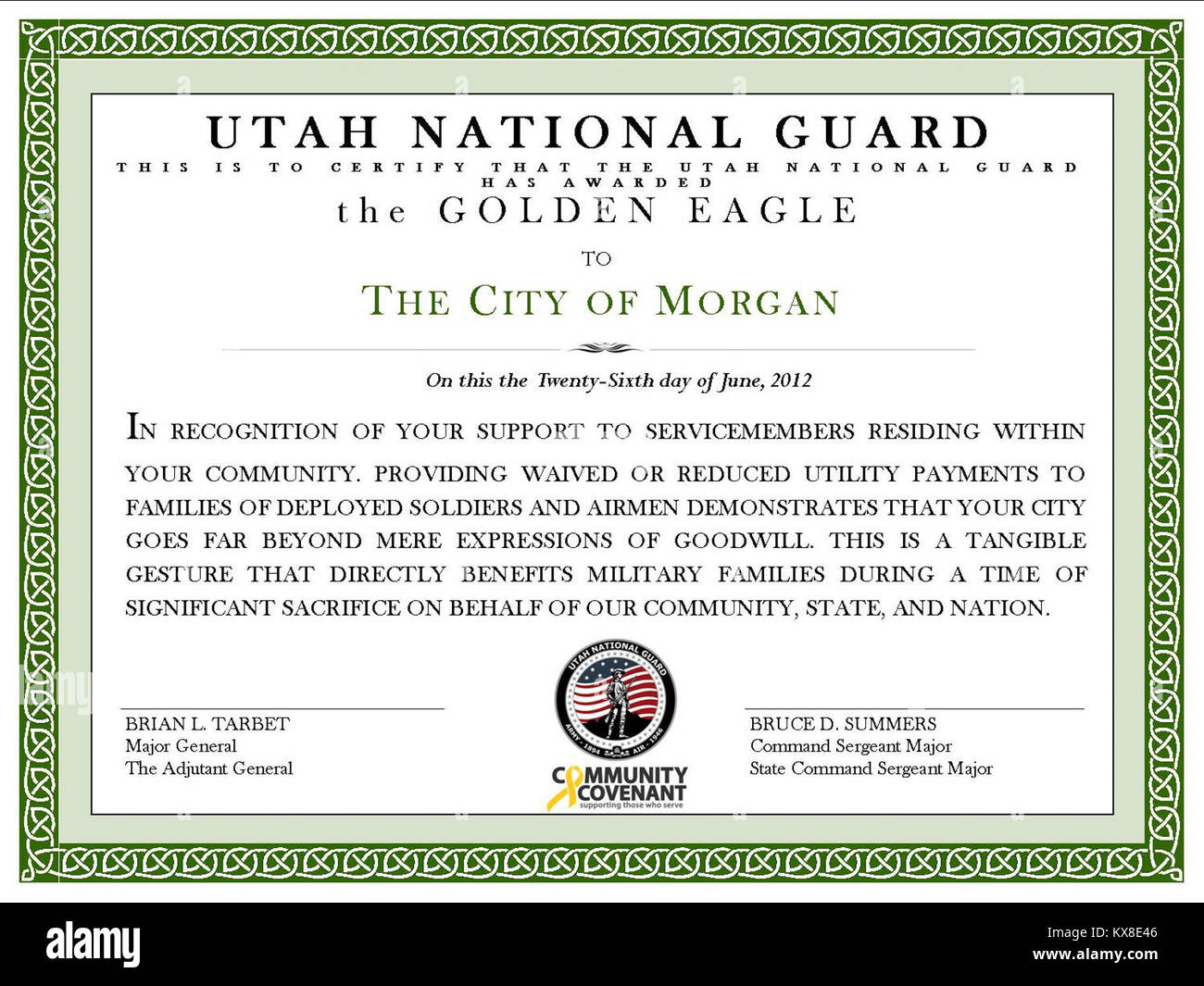 Utah National Guard Community Covenant award certificate Stock Photo ...