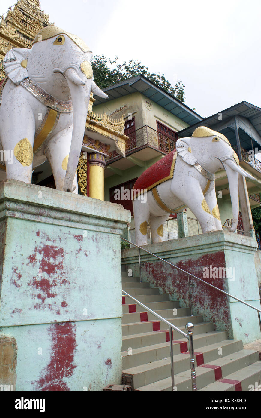 Staircase with two elephants on mount Popa, bagan, Myanmar Stock Photo ...