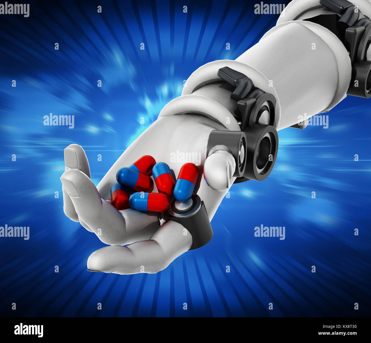 Robotic hand holding red and blue pills. 3D illustration Stock Photo ...