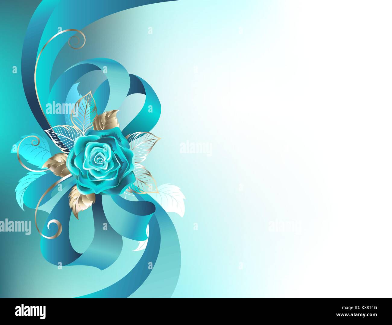 Turquoise silk bow with a turquoise rose with gold leaves on a light ...