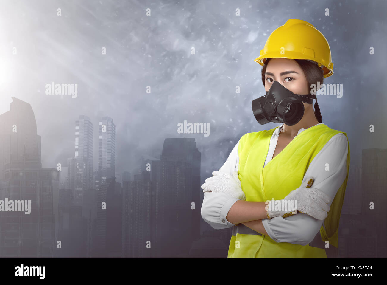 Beautiful asian woman engineer with protective mask against city ...