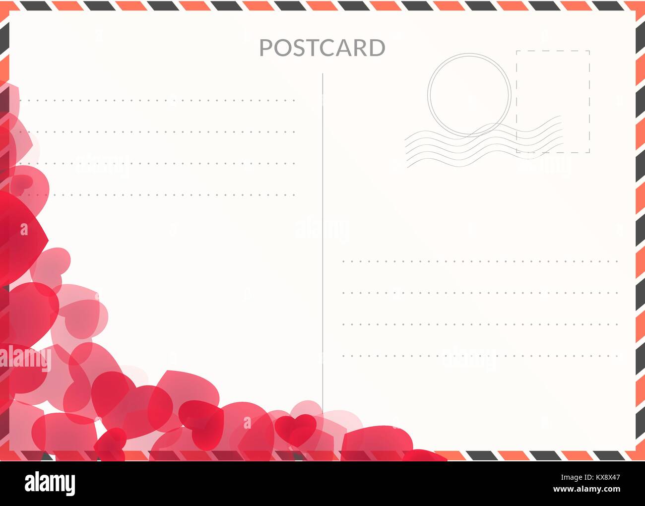 Festive travel postcard illustration with hearts. Postal background ...