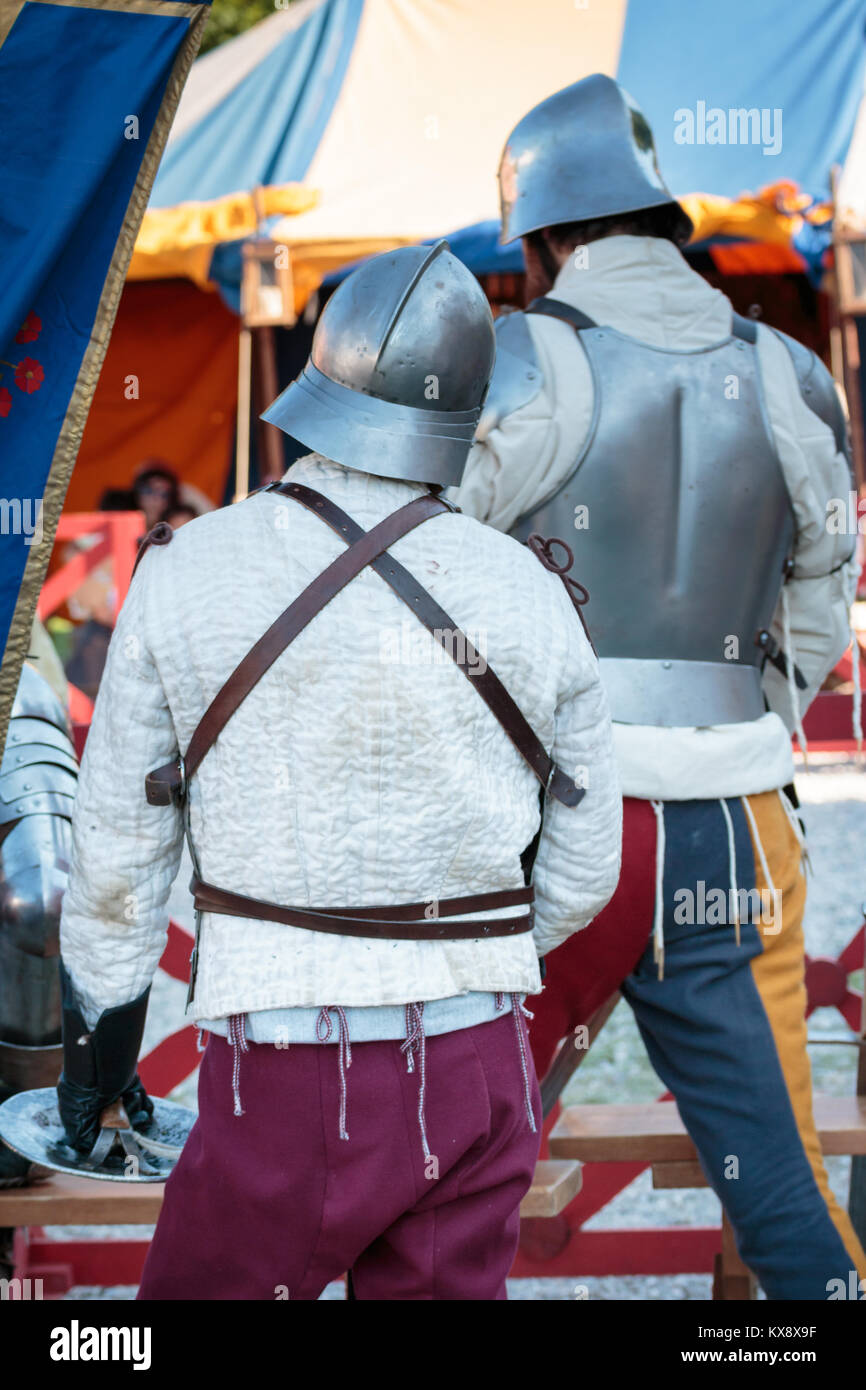 Guards with Metallic Helmets in Medieval Event Fair Stock Photo - Alamy