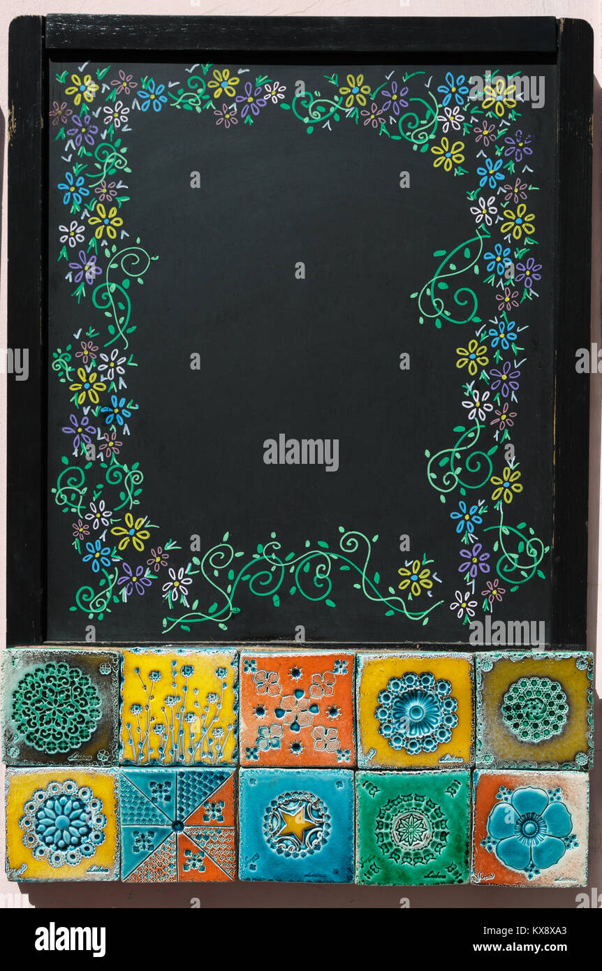 BlackBoard with Copy Space, Floral Decoration and Colorful Traditional ...