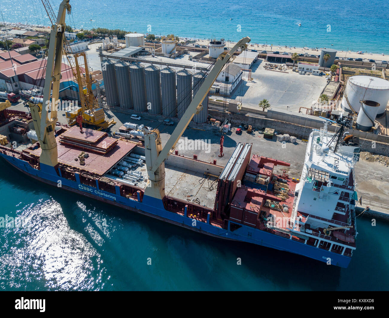 Cargo ship moored at the pier of the port of Vibo Marina, Calabria ...