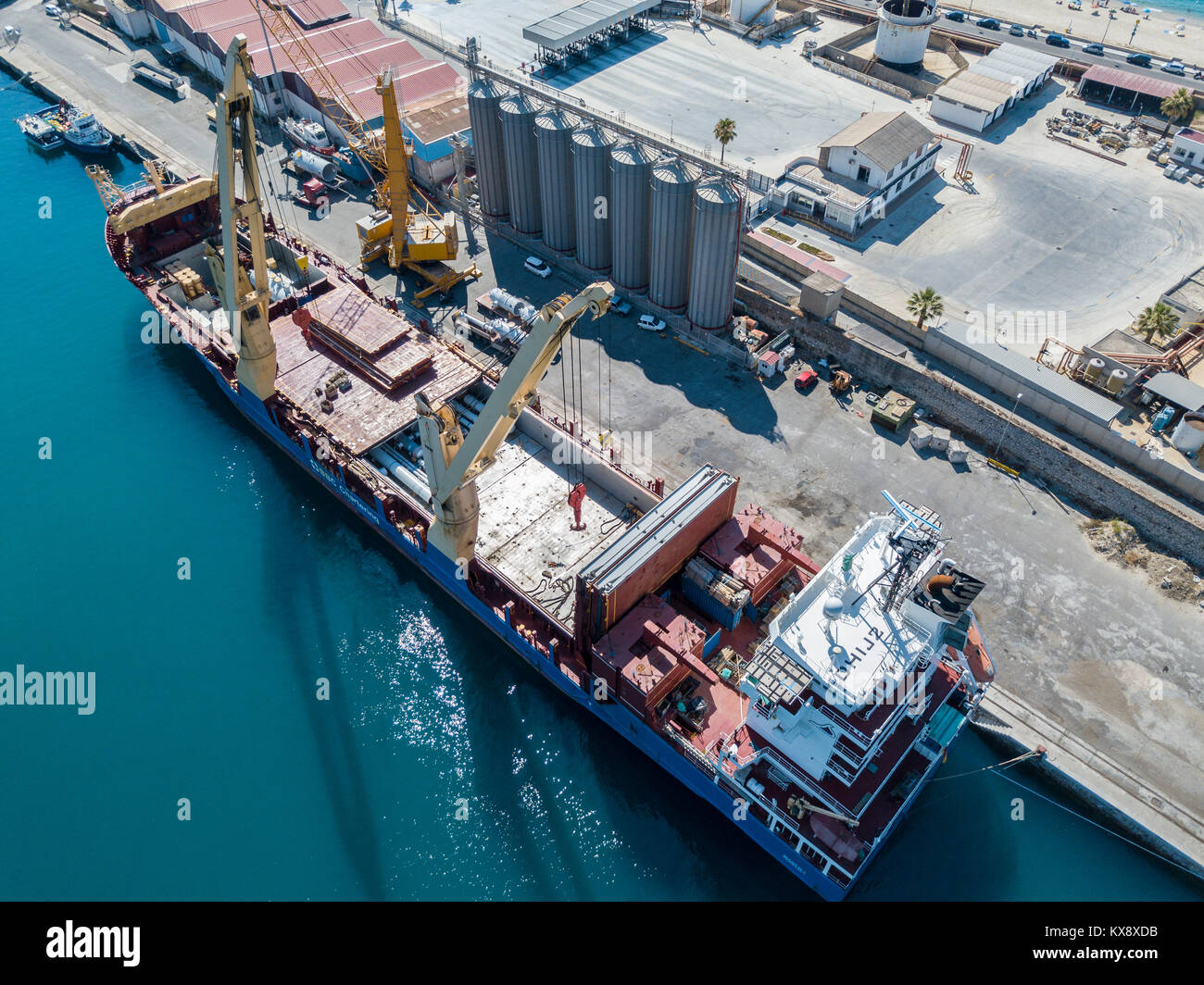 Cargo ship moored at the pier of the port of Vibo Marina, Calabria ...