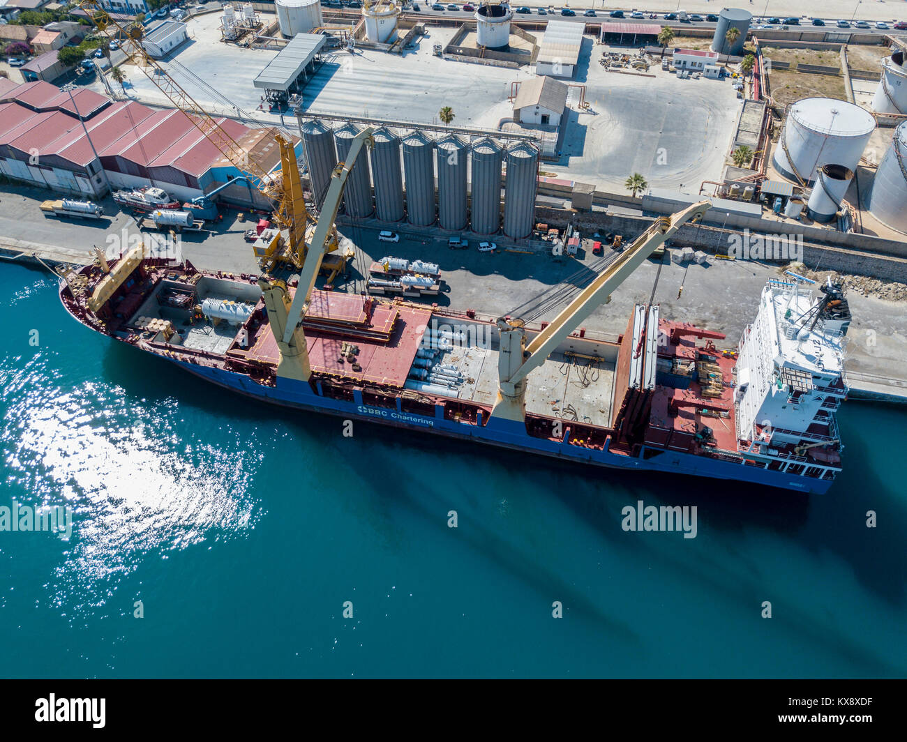 Cargo ship moored at the pier of the port of Vibo Marina, Calabria ...