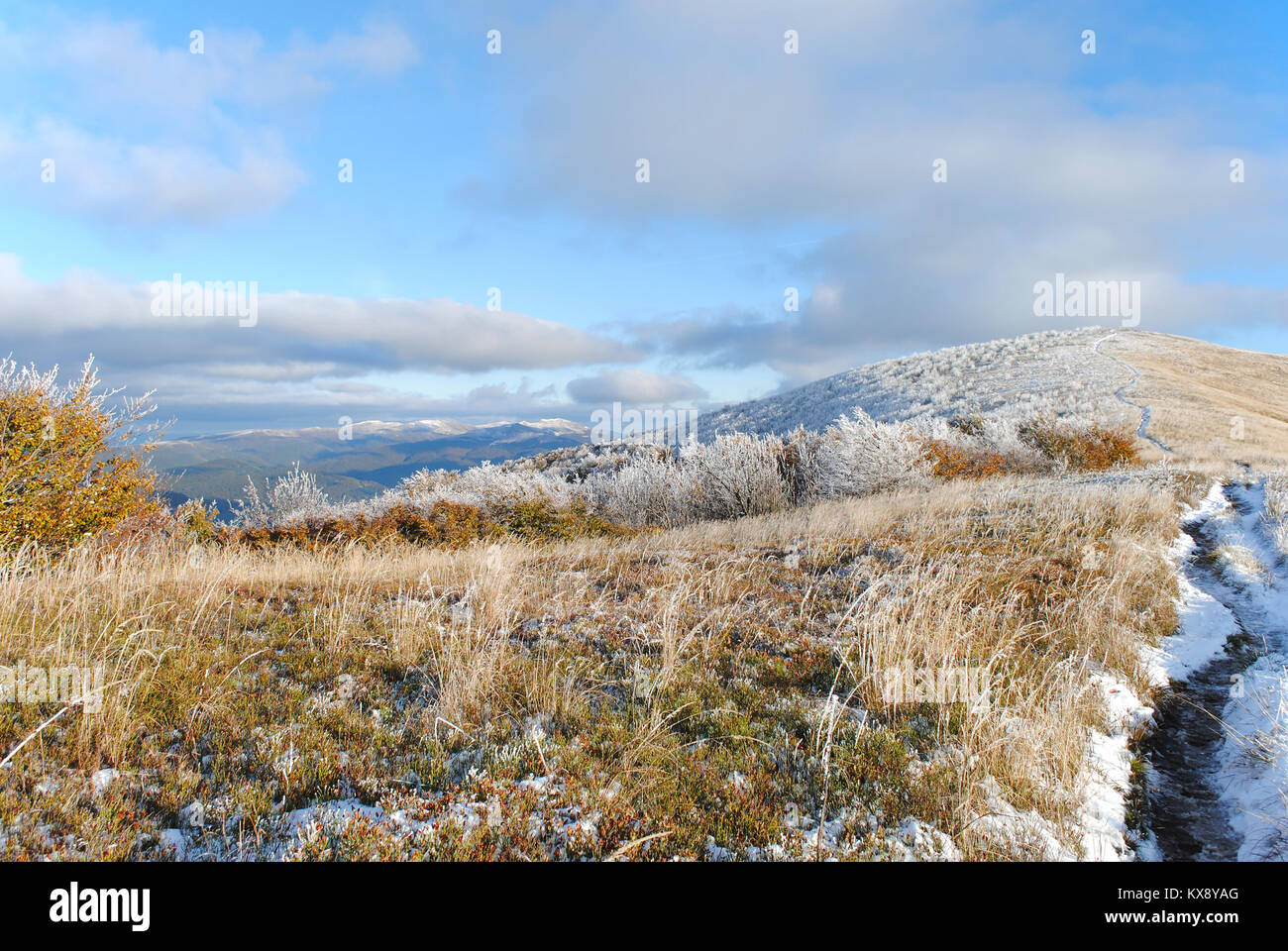 Beautiful landscape with first snow during autumn. Bieszczady National ...